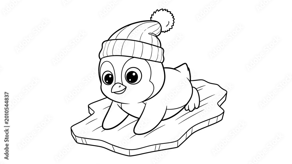 Cute cartoon penguin wearing a winter hat on an ice floe coloring page ...