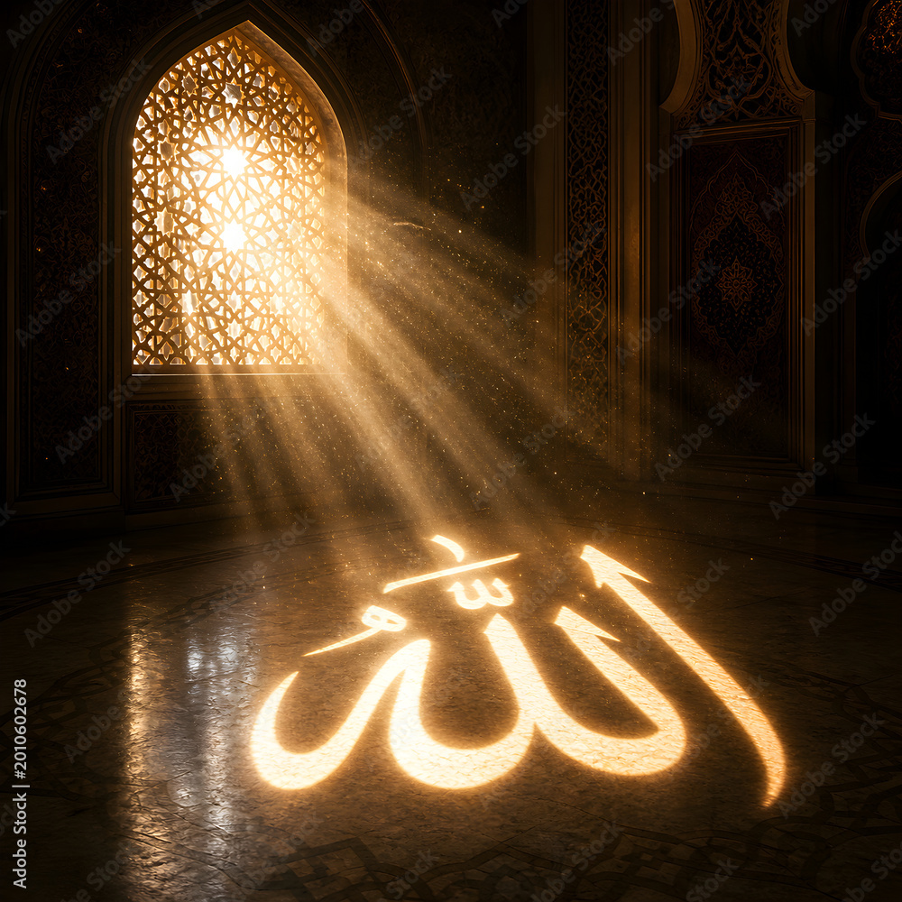 Golden Light And Sacred Calligraphy. Allah Name Revealed By Rays In A ...