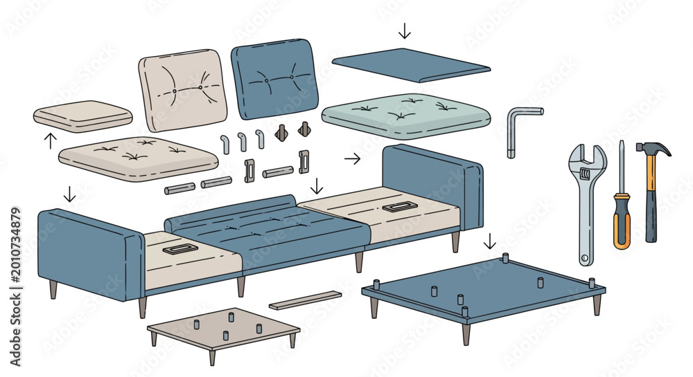 Assembly guide for modern sofa components with isometric tools の Stock ...