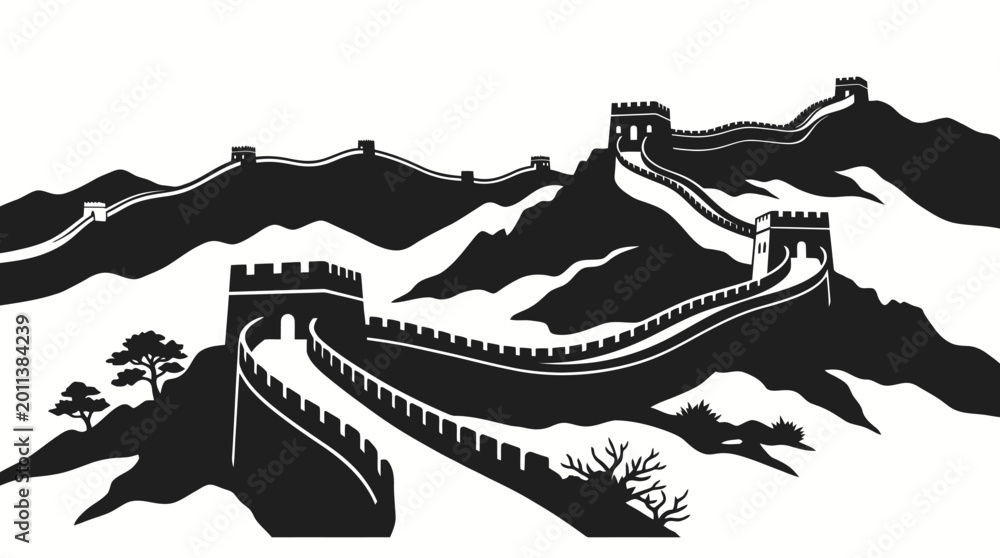 Great Wall of China monument silhouette vector, ancient heritage ...