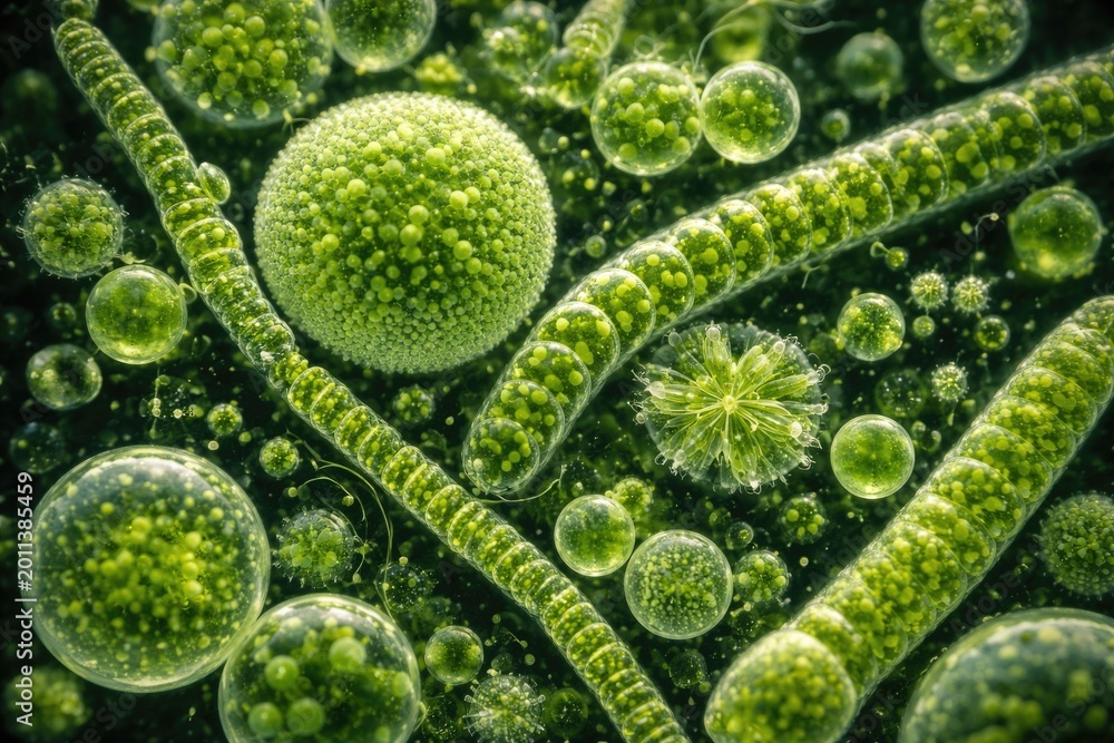 400 times magnified visual study of multiple green algae types with ...