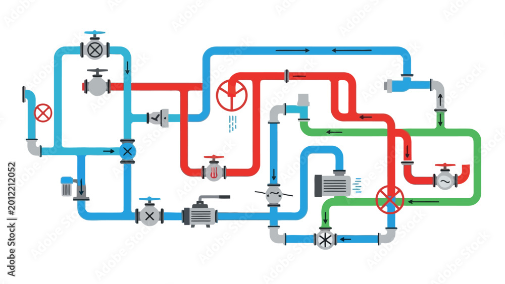 Schematic diagram of interconnected pipes valves and pumps in blue red ...