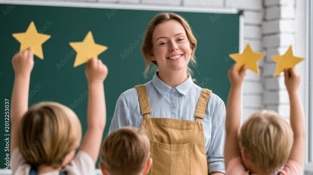 Happy female teacher standing in classroom with children holding gold ...