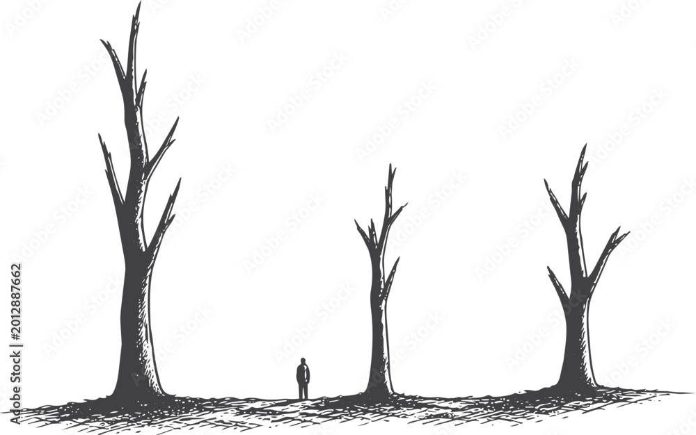 Solitary Tiny Figure Among Dead Trees in Vintage Engraving Style Vector ...