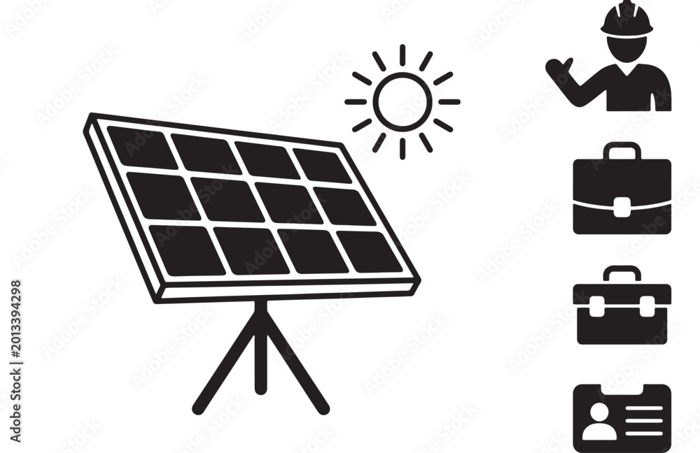 Solar panel icon on tripod with sun and briefcase, worker, and id badge ...