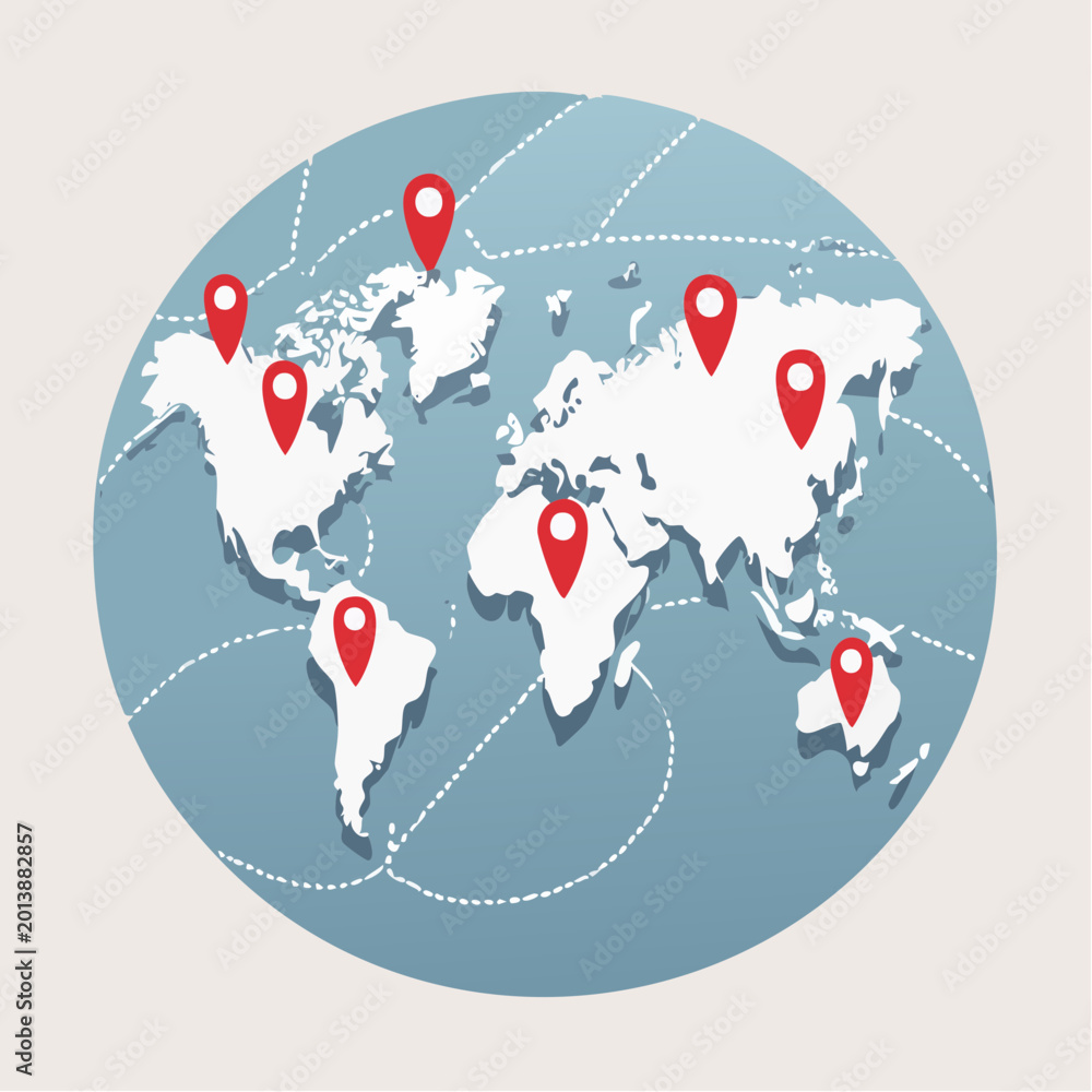 World Map with Location Pins and Connection Lines の Stock ベクター | Adobe ...