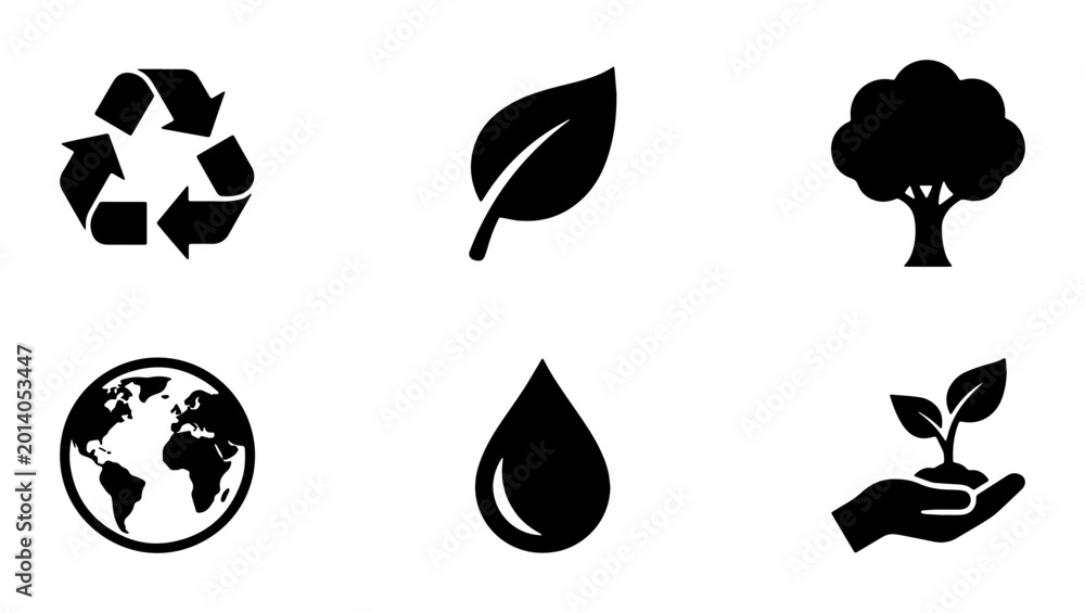 Eco-friendly Icons Set: Recycling, Leaf, Tree, Earth, Water Drop ...