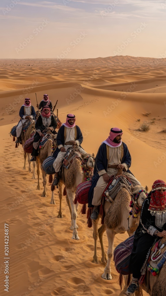 Arab men in traditional attire ride camels through vast desert dunes at ...