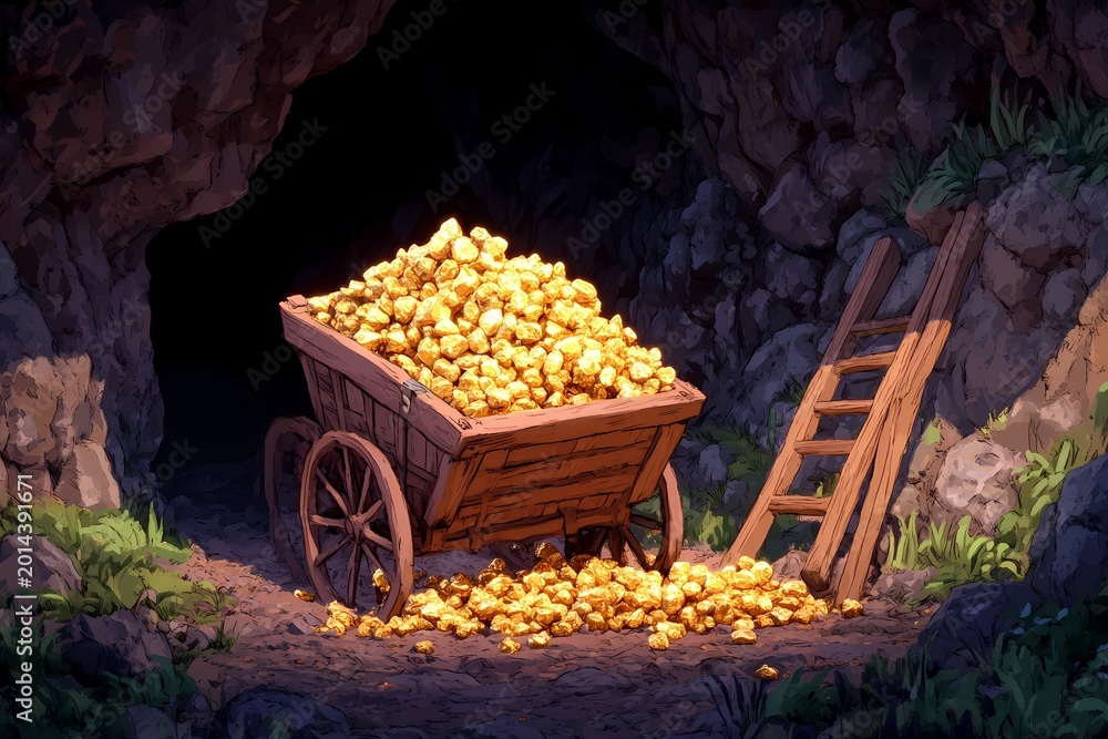 Mine cart filled with gold nuggets in pixel art style. Game background ...