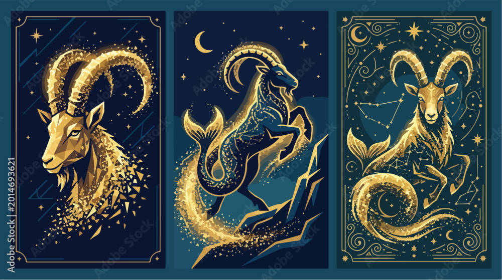 Capricorn zodiac symbols appear as golden cosmic goats with sparkling ...