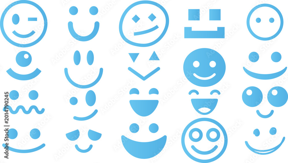 Assorted blue smiley face emoticons and emojis expressing various ...