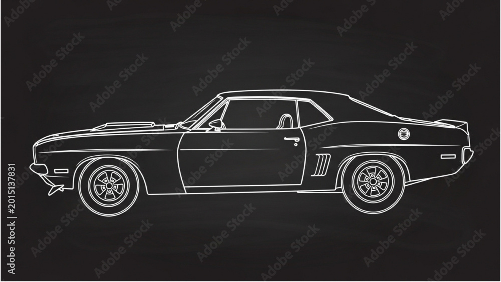 2D CAD drawing of a classic car in profile view on a dark background の ...