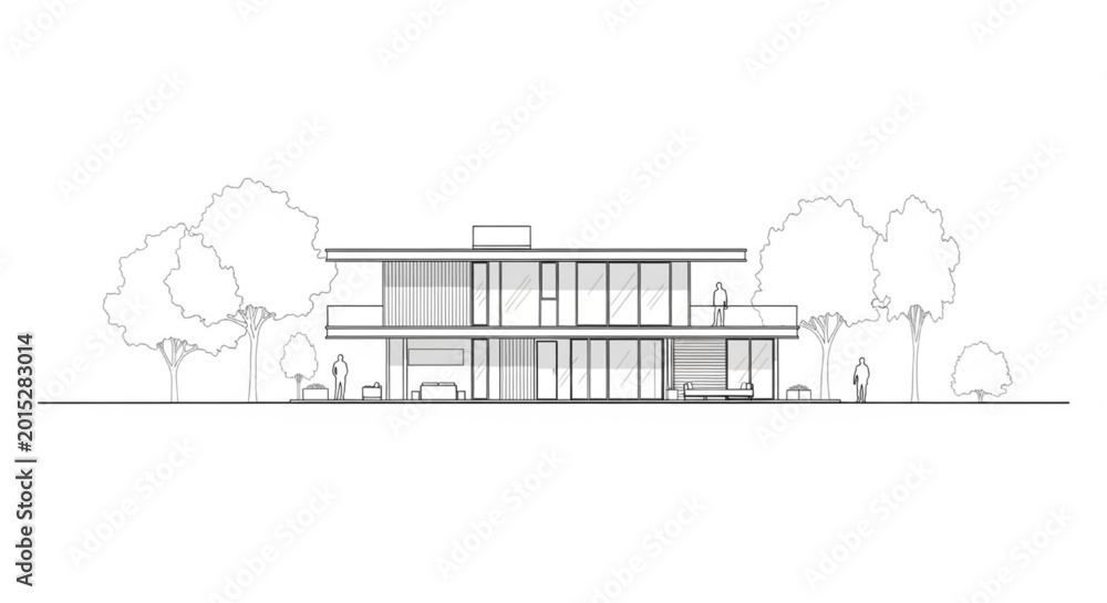 Stock-Vektorgrafik „Minimalist Modern Villa Elevation Drawing with Flat ...