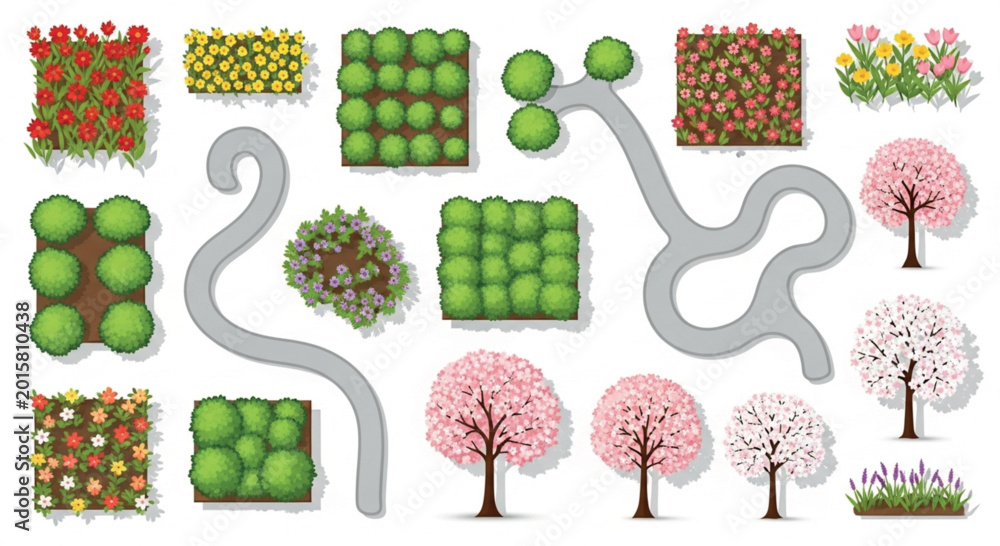 Landscape design elements vector set, garden top view icons with trees ...