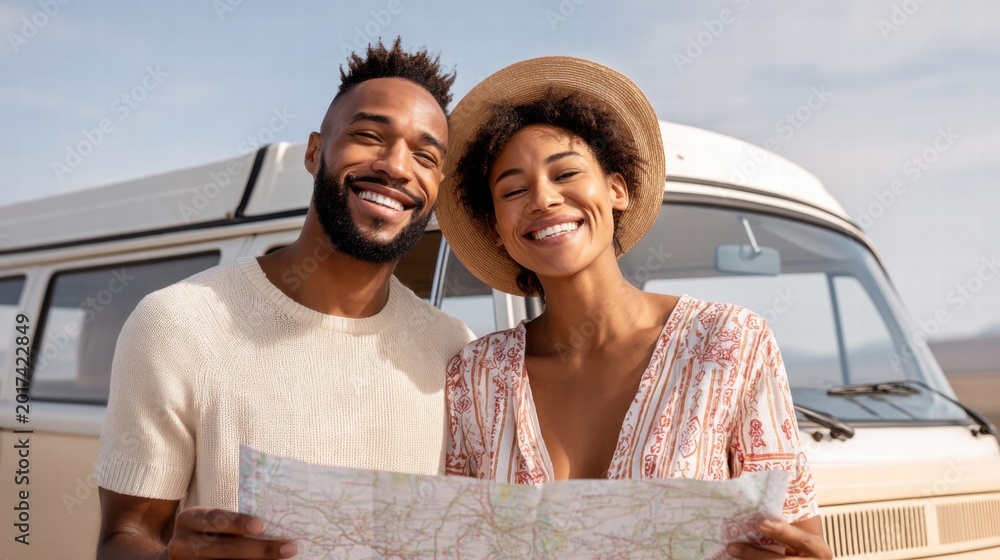 Happy couple planning their road trip adventure with a map and a ...