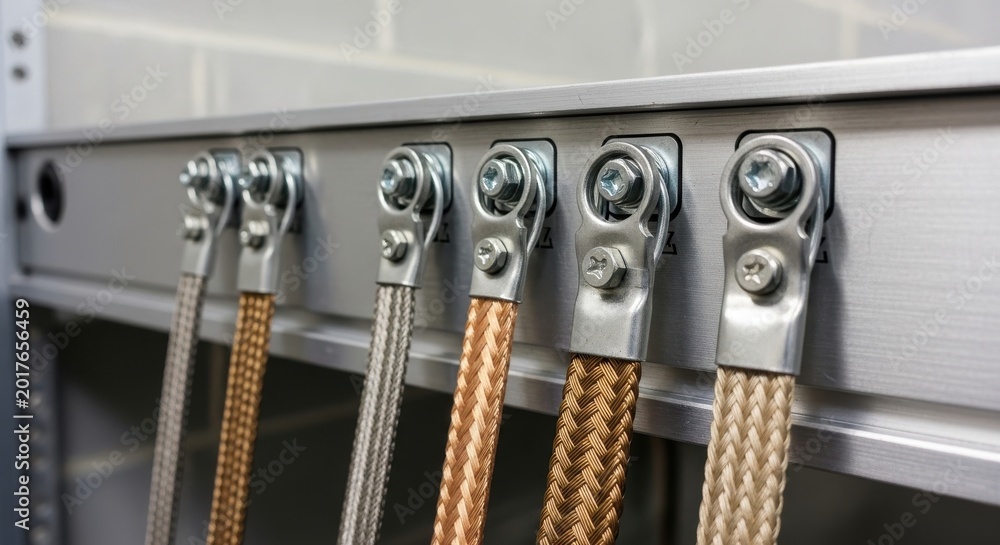 Row of Braided Grounding Straps Attached to Metal Electrical Equipment ...