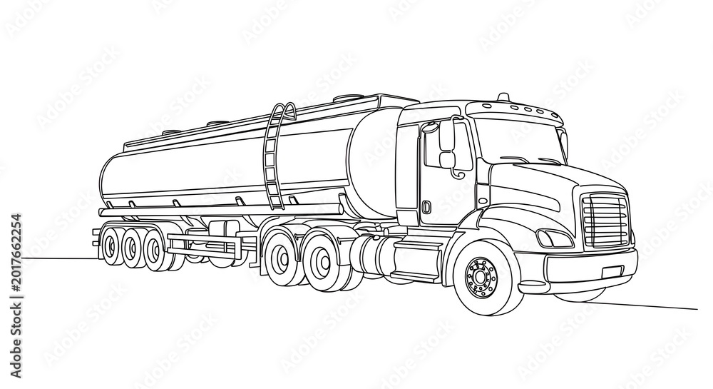 Black and white line art drawing of a heavy industrial tanker truck ...