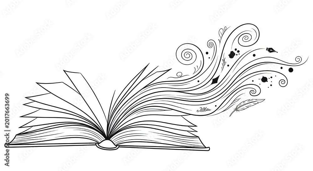 Open book with magical swirling ink lines and vintage quill pen ...