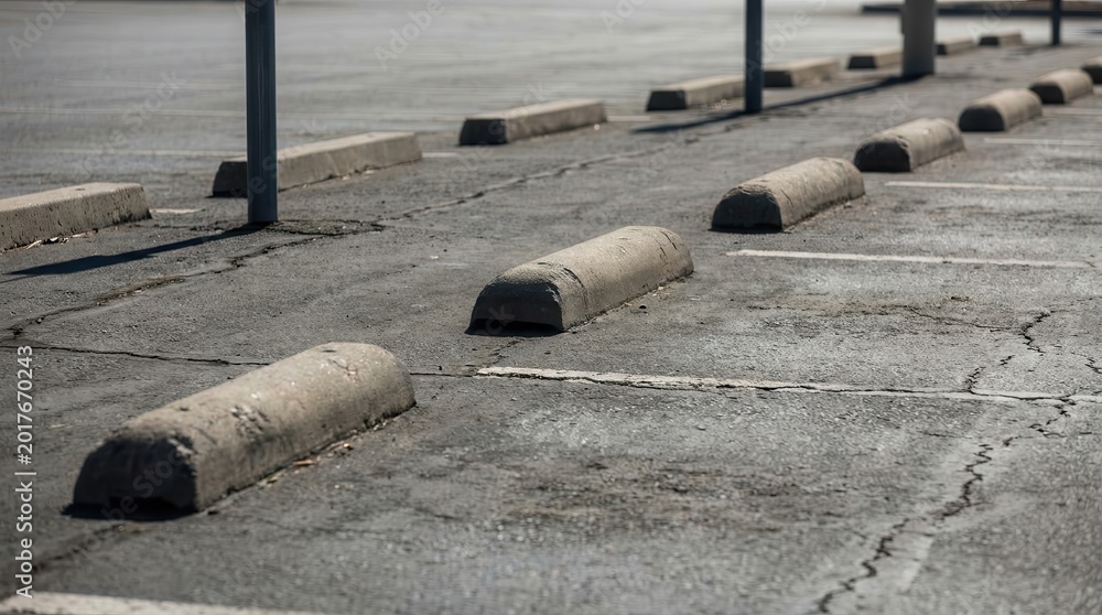 Concrete parking stall markers defining automotive spaces on asphalt ...