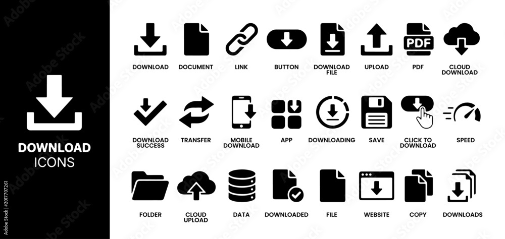 Download icon set. Containing upload, document, link, download file ...