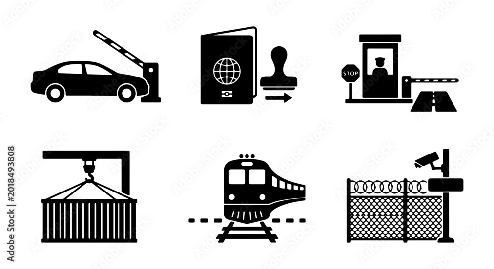Border Control Icons: Immigration, Customs, Security, Transport ...