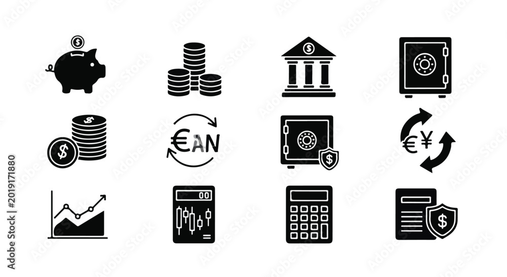 Restaurant and kitchen icon set, 4x2 black solid vector icons for food ...