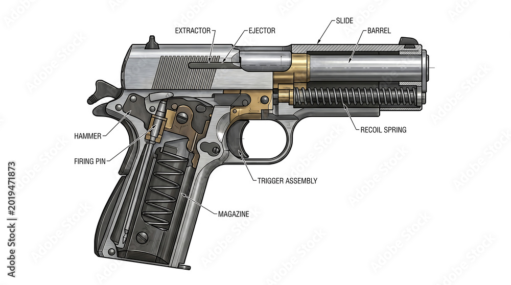 Semi-Automatic Pistol Diagram with Labeled Parts の Stock イラスト | Adobe Stock