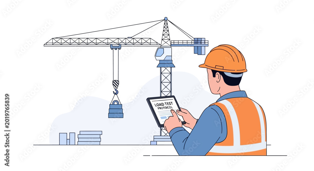 Construction worker with tablet near crane, load test inspection の ...