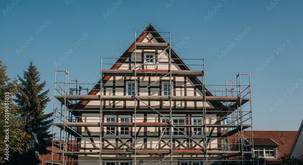 Historic Timber Frame House Undergoing Renovation with Scaffolding. の ...