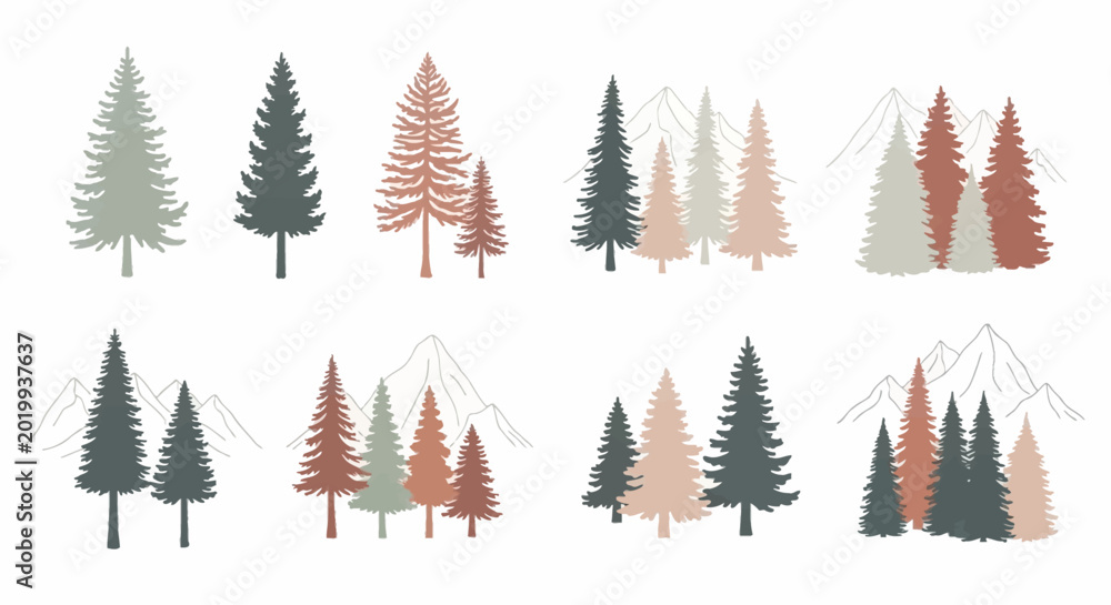 Stylized collection of pine trees and mountain landscapes in a muted ...
