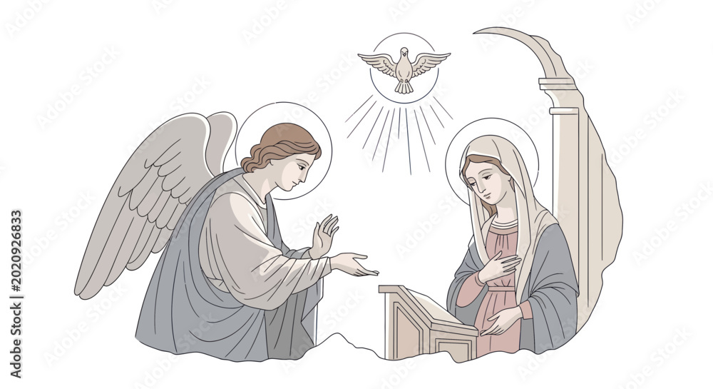 Annunciation Scene: Angel Gabriel Visits Virgin Mary, Holy Spirit Dove ...