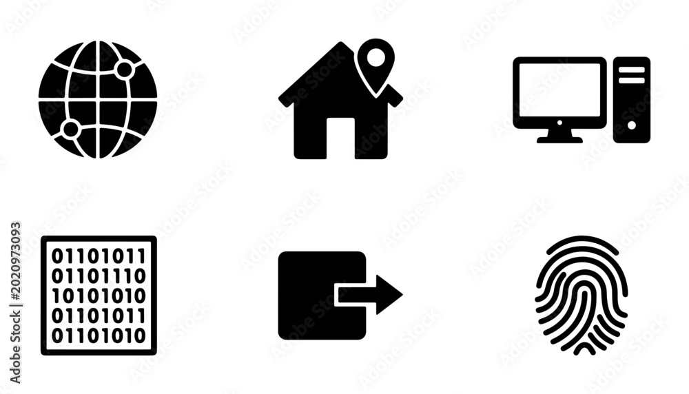 Modern Technology and Security Icons: Globe, Location, Computer, Binary ...
