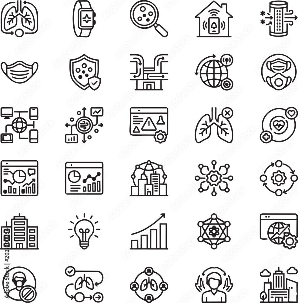 Air Quality & Health Factor Line Icons Set – 30 Minimal Black Outline ...