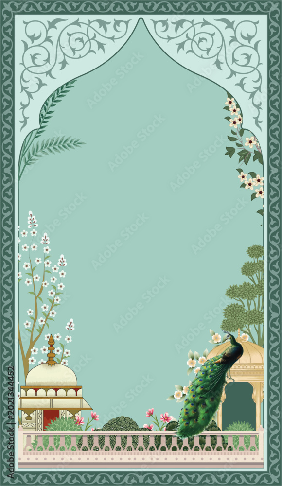 Mughal garden arch, plant, peacock illustration for wallpaper. Indian ...