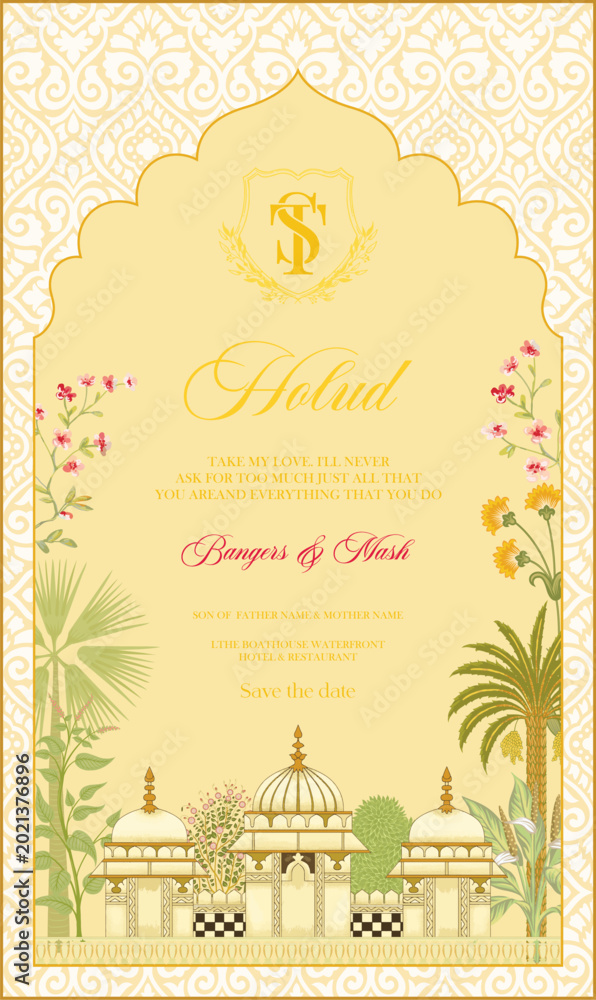 Mughal wedding card design. Traditional wedding invitation templates ...