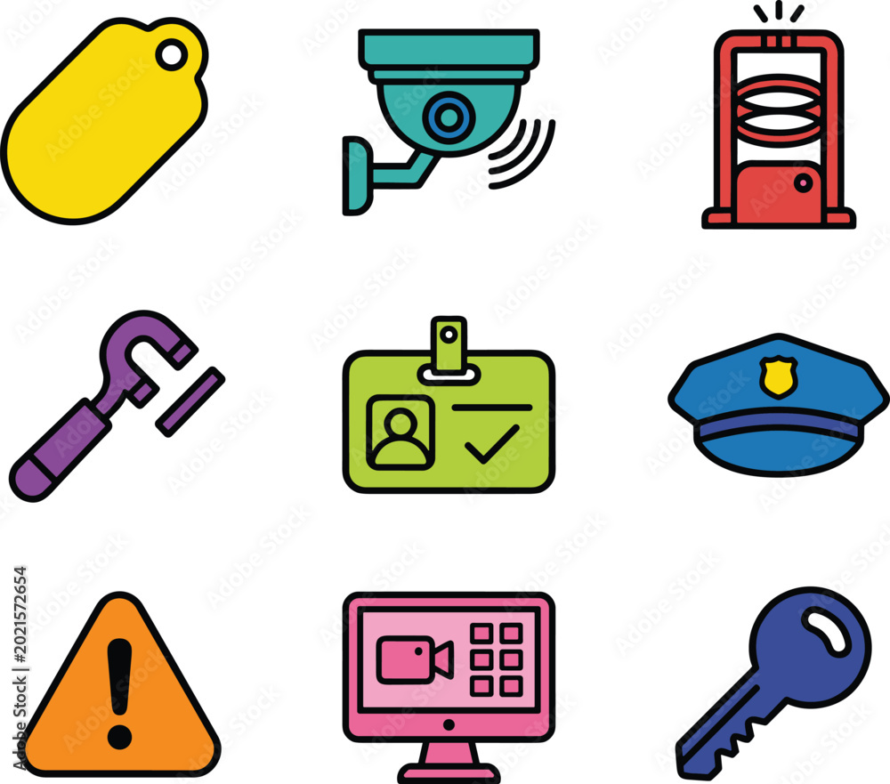 Set of Security and Access Icons Including CCTV, Alarm, ID Badge ...