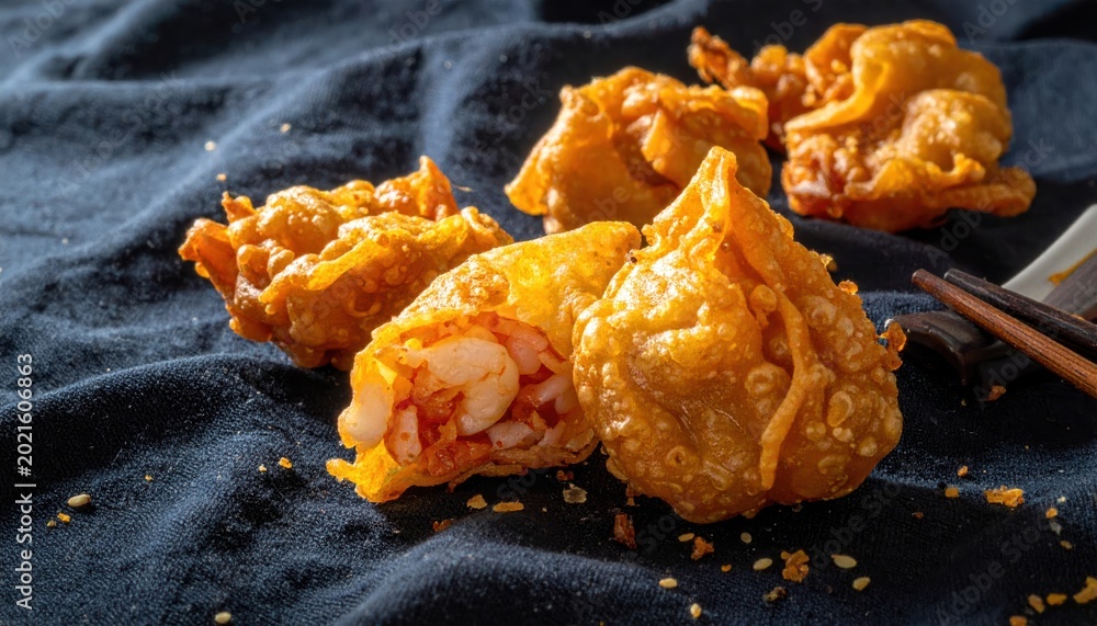 Crispy golden fried shrimp dumplings with bubbly exteriors, a delicious ...