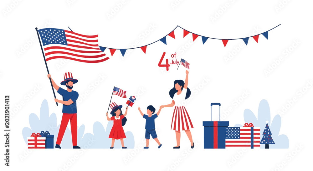 Family celebrating Fourth of July with American flags and decorations ...