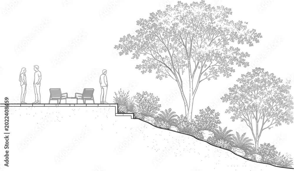 Garden Landscape Plan and Elevation Vector Design with Trees, Pathway ...