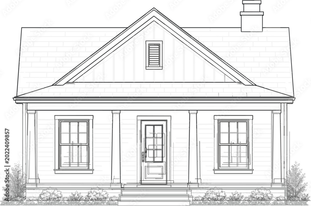 Residential House Front Elevation Vector with Porch, Windows, Hip Roof ...