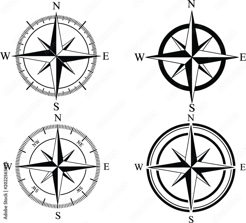Compass rose symbols provide classic navigation markers for cartography ...