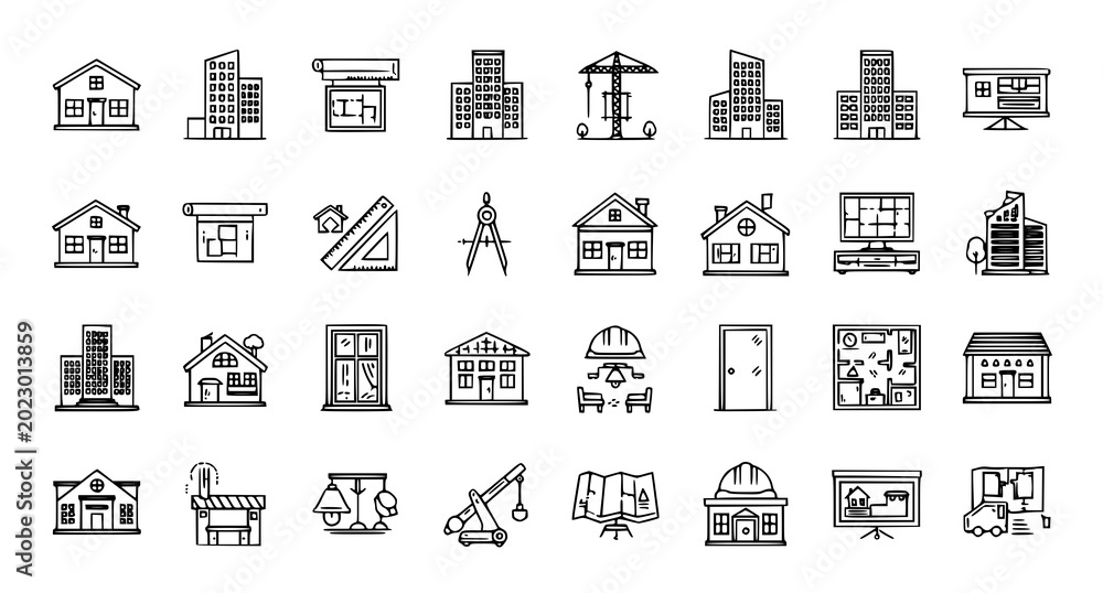 Outline building and house design icons set editable stroke vector ...