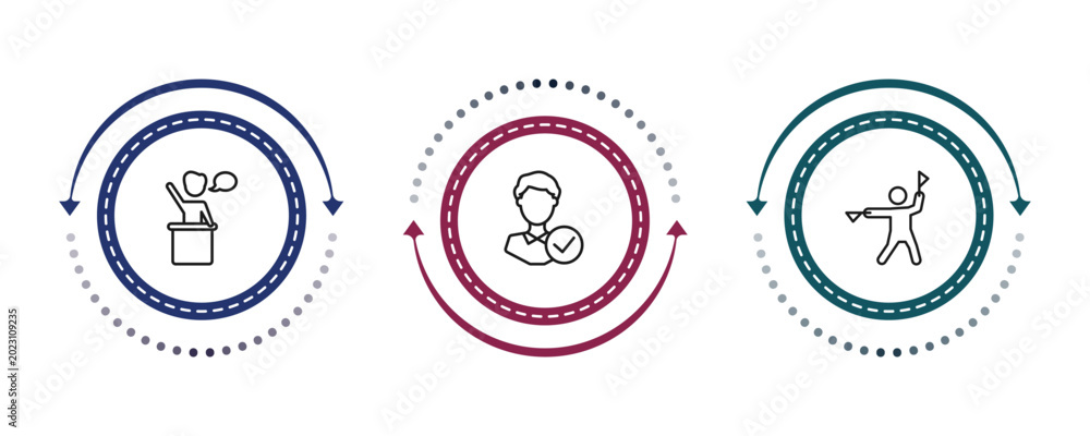 outline people icons set - leader speech, good employee, flag semaphore ...