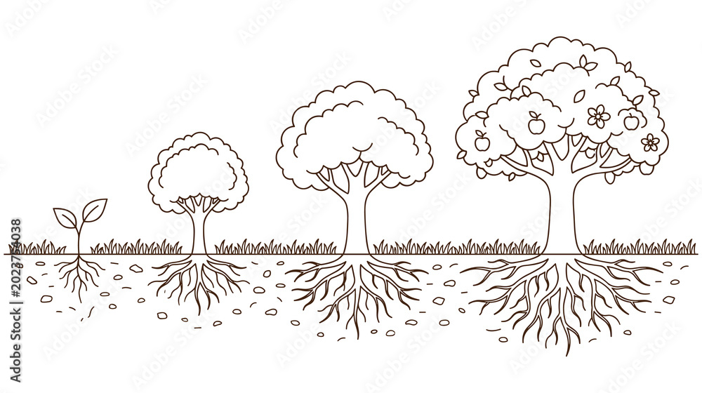 Stages of tree growth from sprout to fruit bearing plant roots. Stock ...