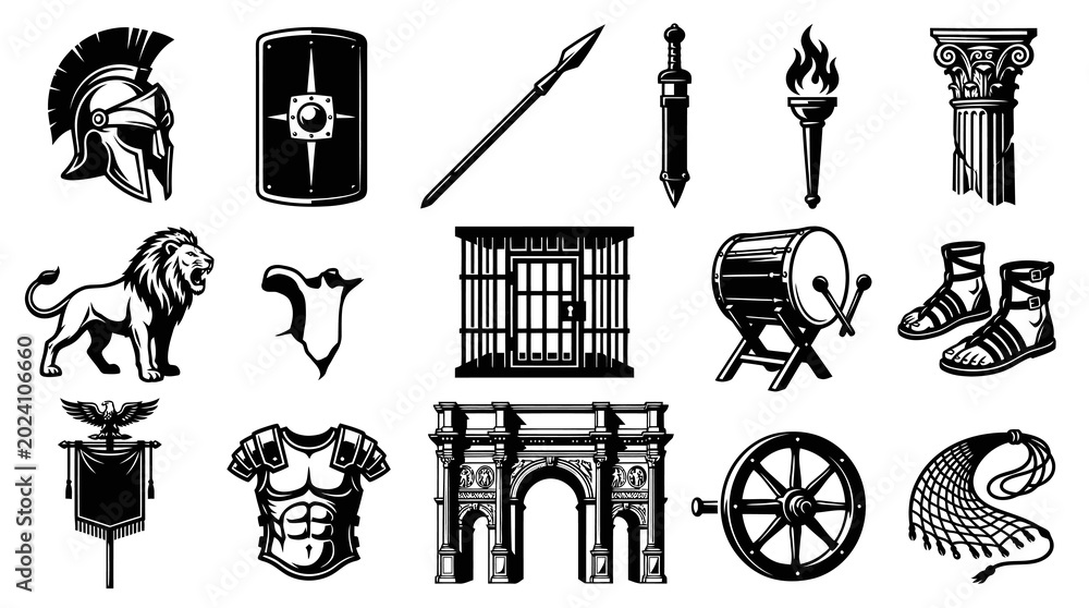 Stock-Vektorgrafik „Roman Military Ancient Symbols: Helmet, Shield ...