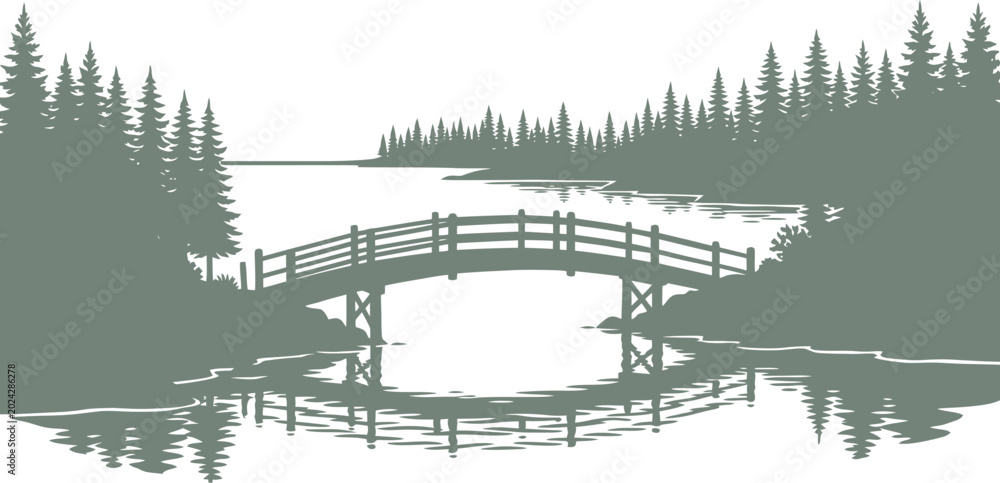 Bridge connecting two forested landmasses over a calm lake silhouette の ...