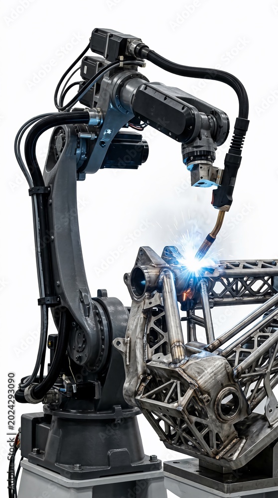 Industrial robot arm performing automated welding on metal structure の ...