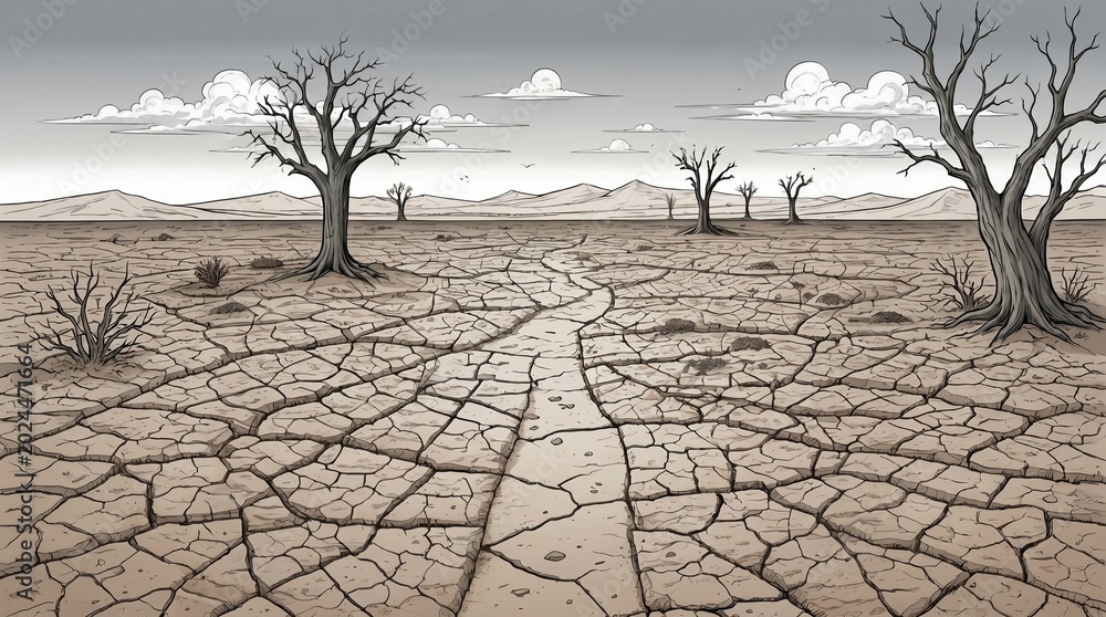 Stock-Illustration „Desolate cracked earth landscape, dry parched ...