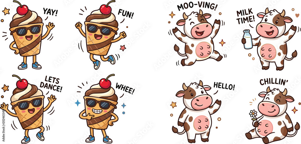 Cute Kawaii Dairy Cartoon Character Sticker Set with Happy Jumping Cows ...
