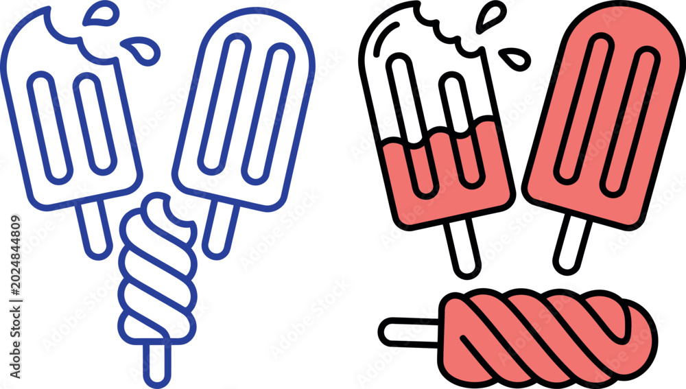 Outline and filled popsicles and ice cream bar on stick sweet frozen ...